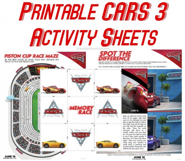 cars 3 activity sheets - Everyday Shortcuts