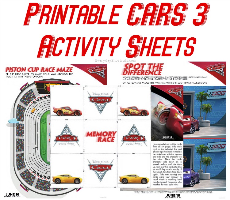 cars 3 activity sheets - Everyday Shortcuts